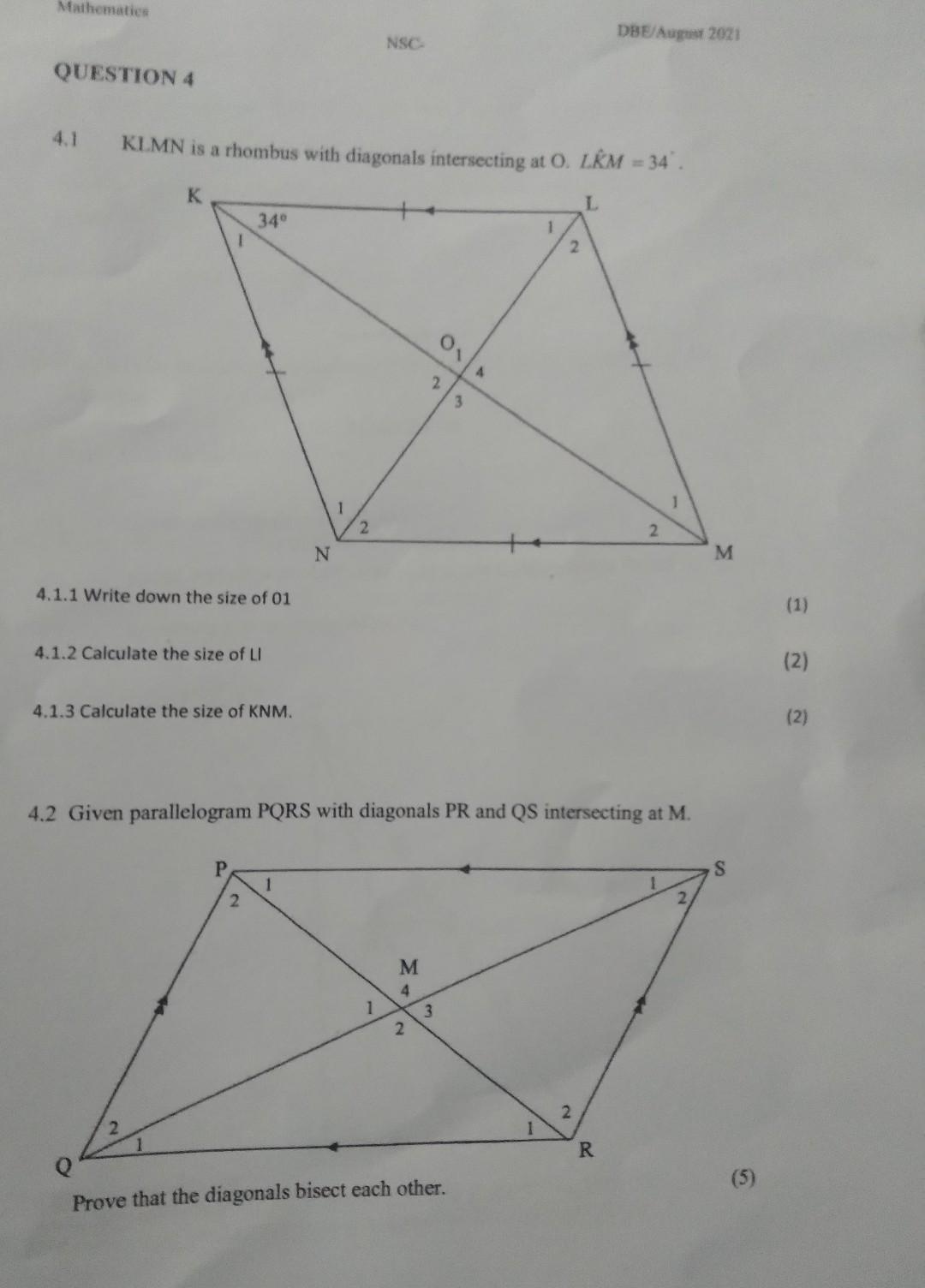Solved Mathematics DBE/August 2021 NSC QUESTION 4 KLMN is a | Chegg.com