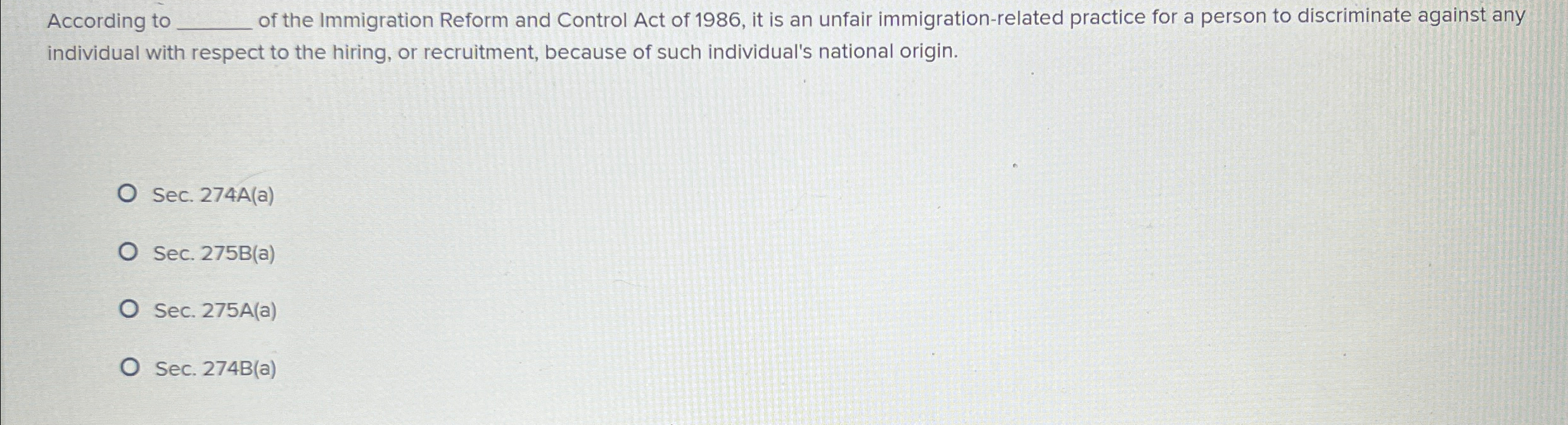 Solved According toof the Immigration Reform and Control Act | Chegg.com