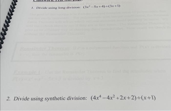 Solved 1. Divide using long division: (3x2−5x+4)÷(3x+1) 2. | Chegg.com
