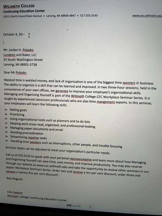 edit the letter to correct errors in spelling, | Chegg.com