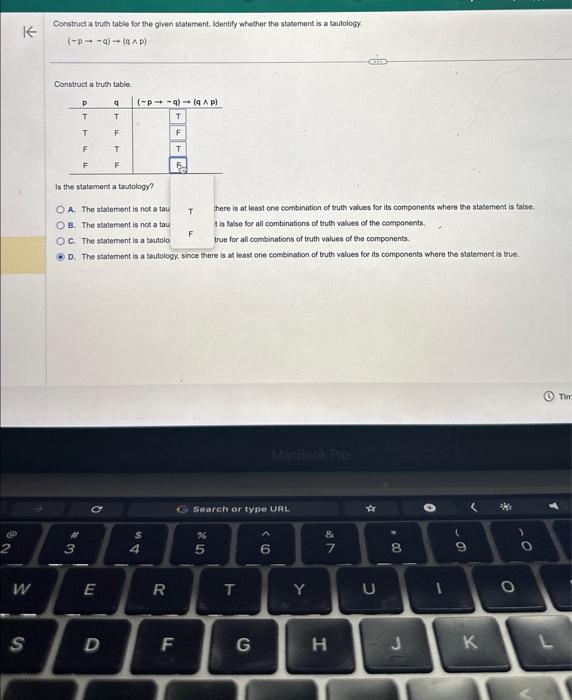 Solved Construct a truth table for the given statement. | Chegg.com
