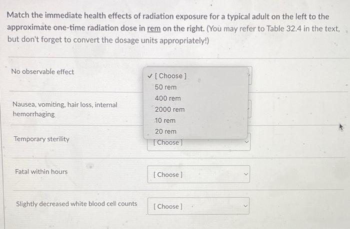 Solved Match the immediate health effects of radiation | Chegg.com