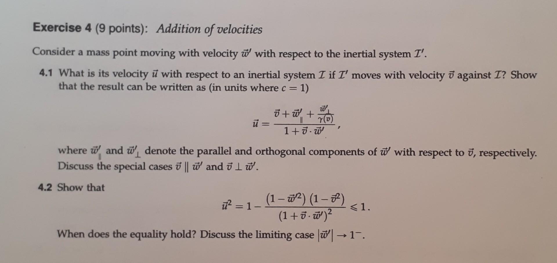 Solved Exercise 4 (9 points): Addition of velocities | Chegg.com