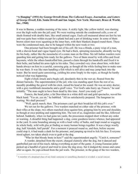 a "A Hanging" (1931) by George Orwell (from The | Chegg.com