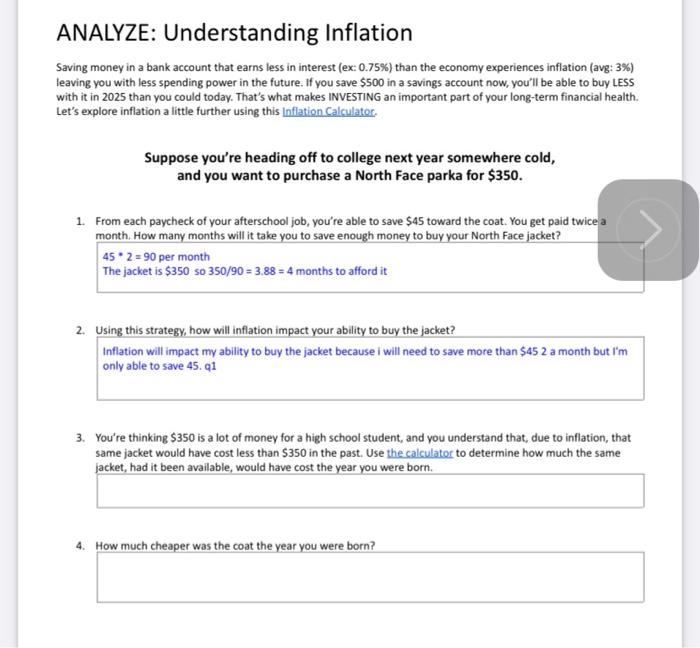 Solved ANALYZE: Understanding Inflation Saving money in a | Chegg.com