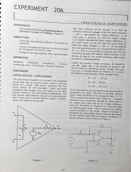 Solved EXPERIMENT 206 REFERENCES OPERATIONAL AMPLIFIERS +. | Chegg.com