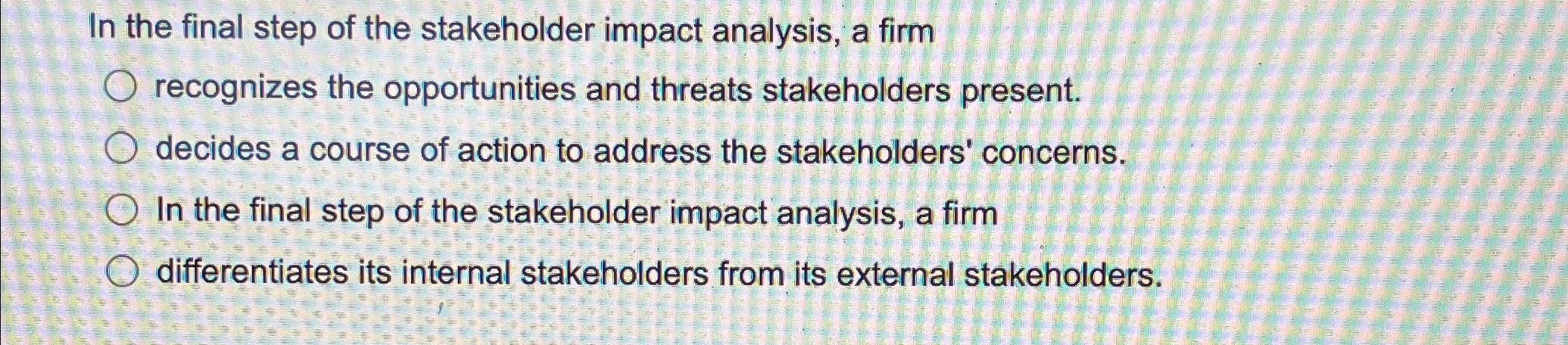 Solved In the final step of the stakeholder impact analysis, | Chegg.com