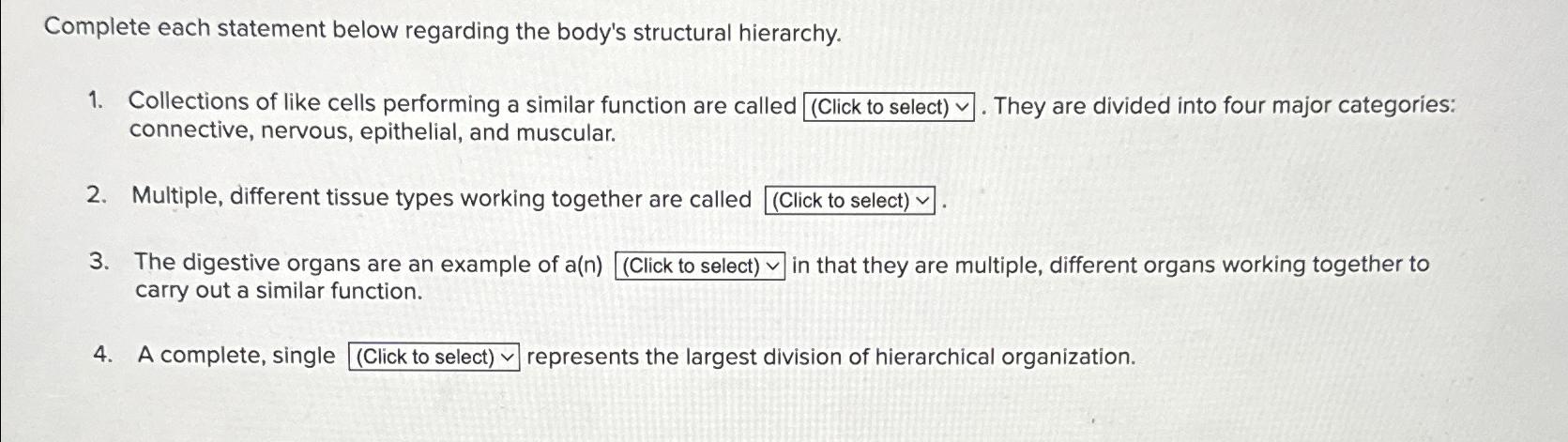Solved Complete each statement below regarding the body's | Chegg.com