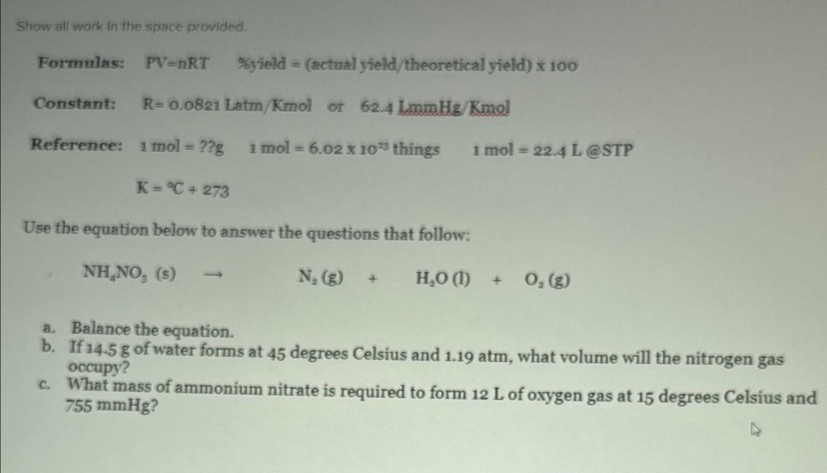 Solved Show all work in the space provided.Formulas: | Chegg.com
