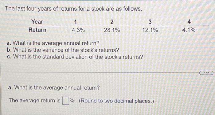 Solved The last four years of returns for a stock are as | Chegg.com