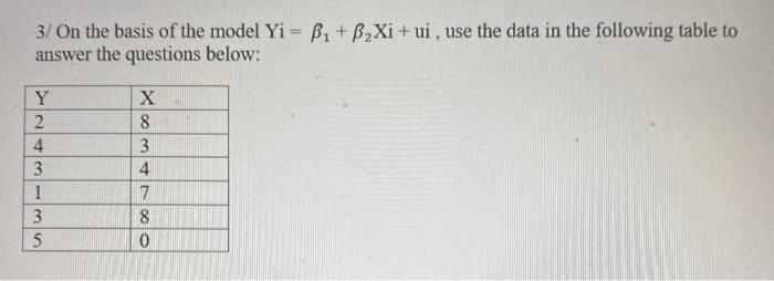 Solved 3/ On the basis of the model Yi = B2+BXi + ui , use | Chegg.com