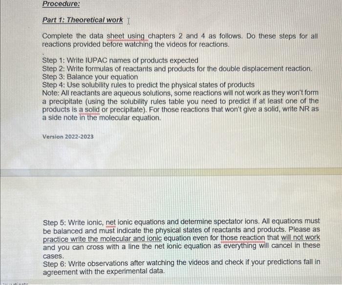 Procedure: Part 1: Theoretical work Part 1: | Chegg.com