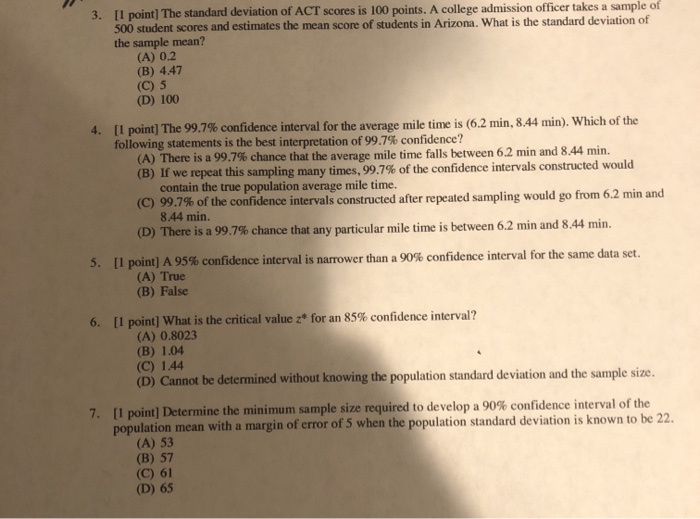 Solved 3. Il point) The standard deviation of ACT scores is | Chegg.com