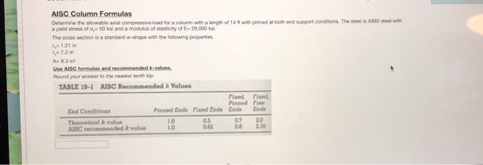 Solved AISC Column Formulas Determine the slowable axial | Chegg.com