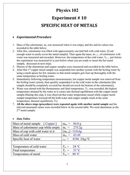 Solved Physics 102 Experiment # 10 SPECIFIC HEAT OF METALS • | Chegg.com