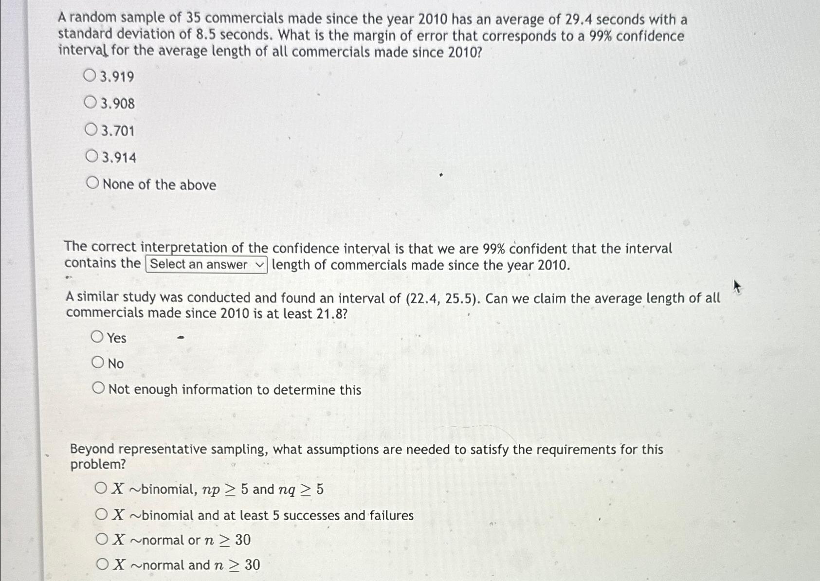 Solved A random sample of 35 ﻿commercials made since the | Chegg.com