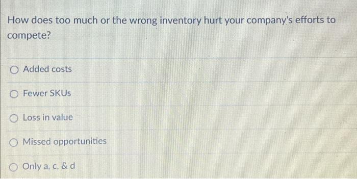 Solved How does too much or the wrong inventory hurt your | Chegg.com