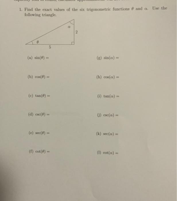 Solved 1. Find the exact values of the six trigonometric | Chegg.com