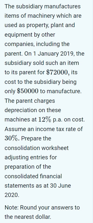 Solved The subsidiary manufactures items of machinery which | Chegg.com