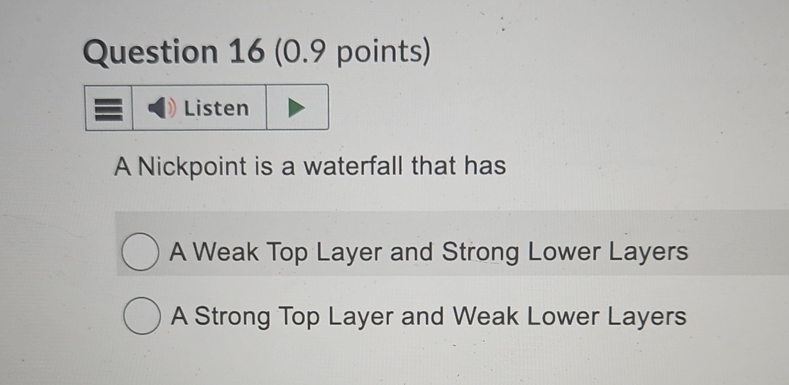 Solved Question 16 (0.9 ﻿points)A Nickpoint is a waterfall | Chegg.com