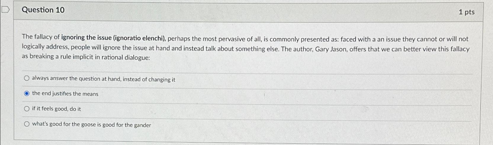 Solved Question 101 ﻿ptsThe fallacy of ignoring the issue | Chegg.com