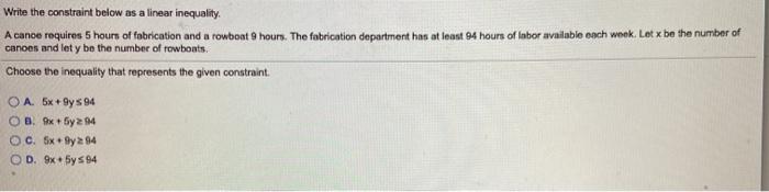 Solved Write the constraint below as a linear inequality. A | Chegg.com