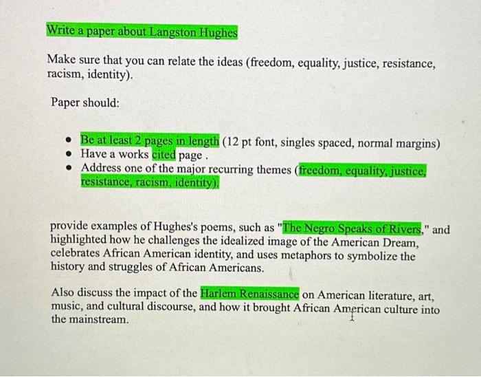 Write a paper about Langston Hughes Make sure that | Chegg.com