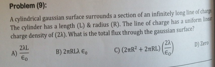 Solved Problem (9): A cylindrical gaussian surface surrounds | Chegg.com