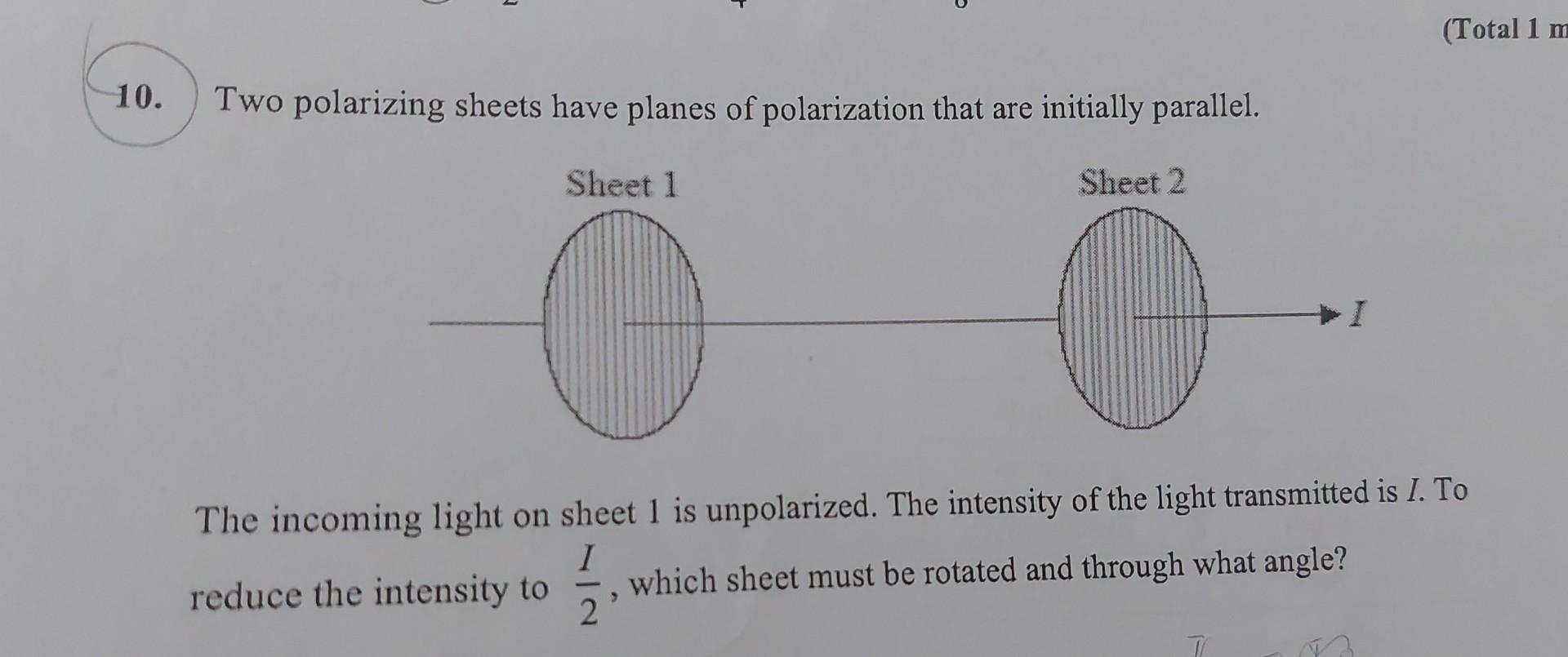 Solved (Total 1 m Two polarizing sheets have planes of | Chegg.com Solved (Total 1 m Two polarizing sheets have planes of | Chegg.com