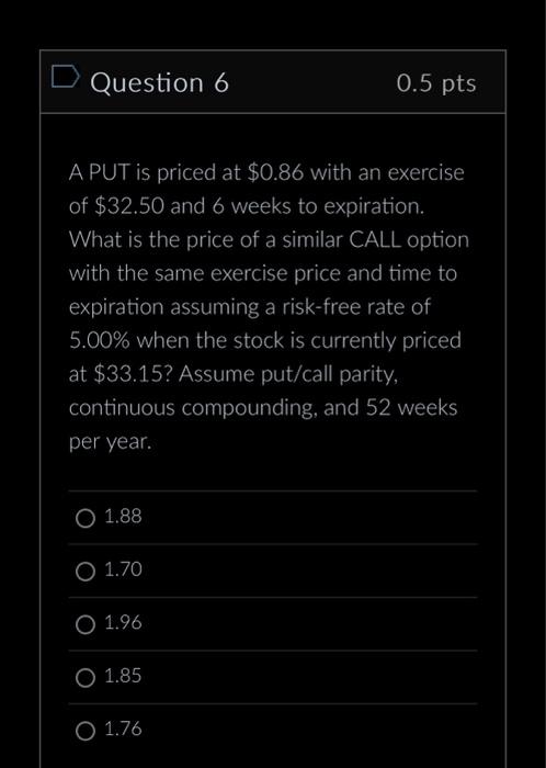 Solved A PUT is priced at $0.86 with an exercise of $32.50 | Chegg.com