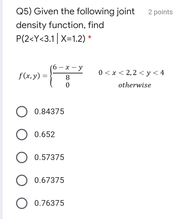 Solved 2 points Q5) Given the following joint density | Chegg.com