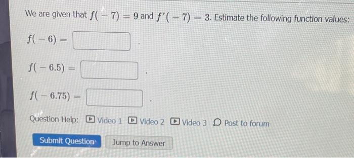 Solved We are given that f(−7)=9 and f′(−7)=3. Estimate the | Chegg.com