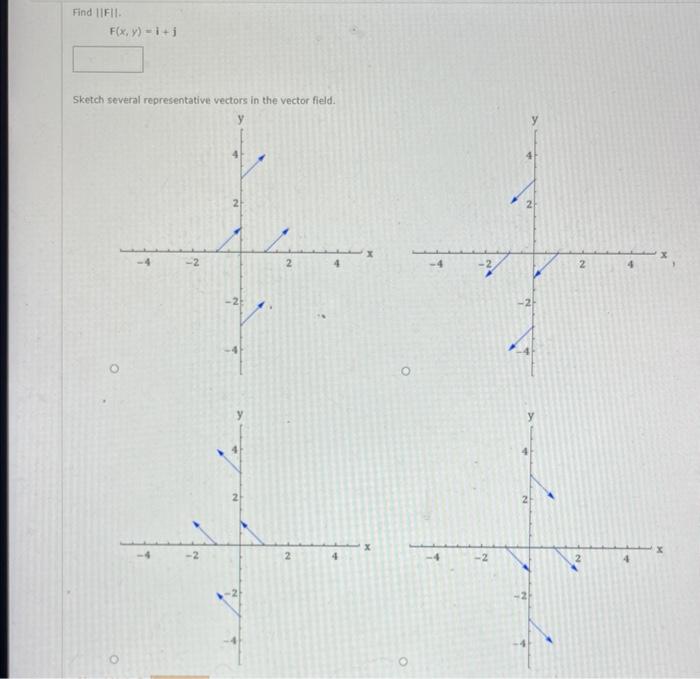 Solved Find ∥F∥. F(x,y)=i+j Sketch several representative | Chegg.com