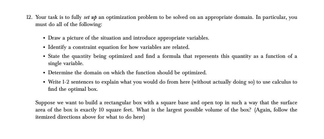 Solved 12. Your task is to fully set up an optimization | Chegg.com