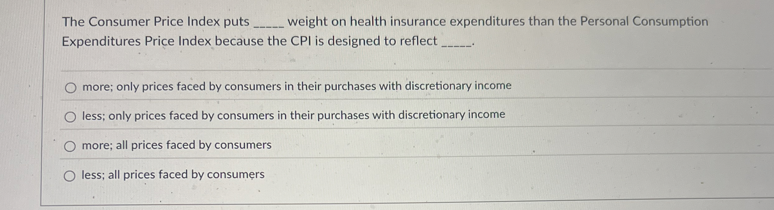 Solved The Consumer Price Index puts q, ﻿weight on health | Chegg.com
