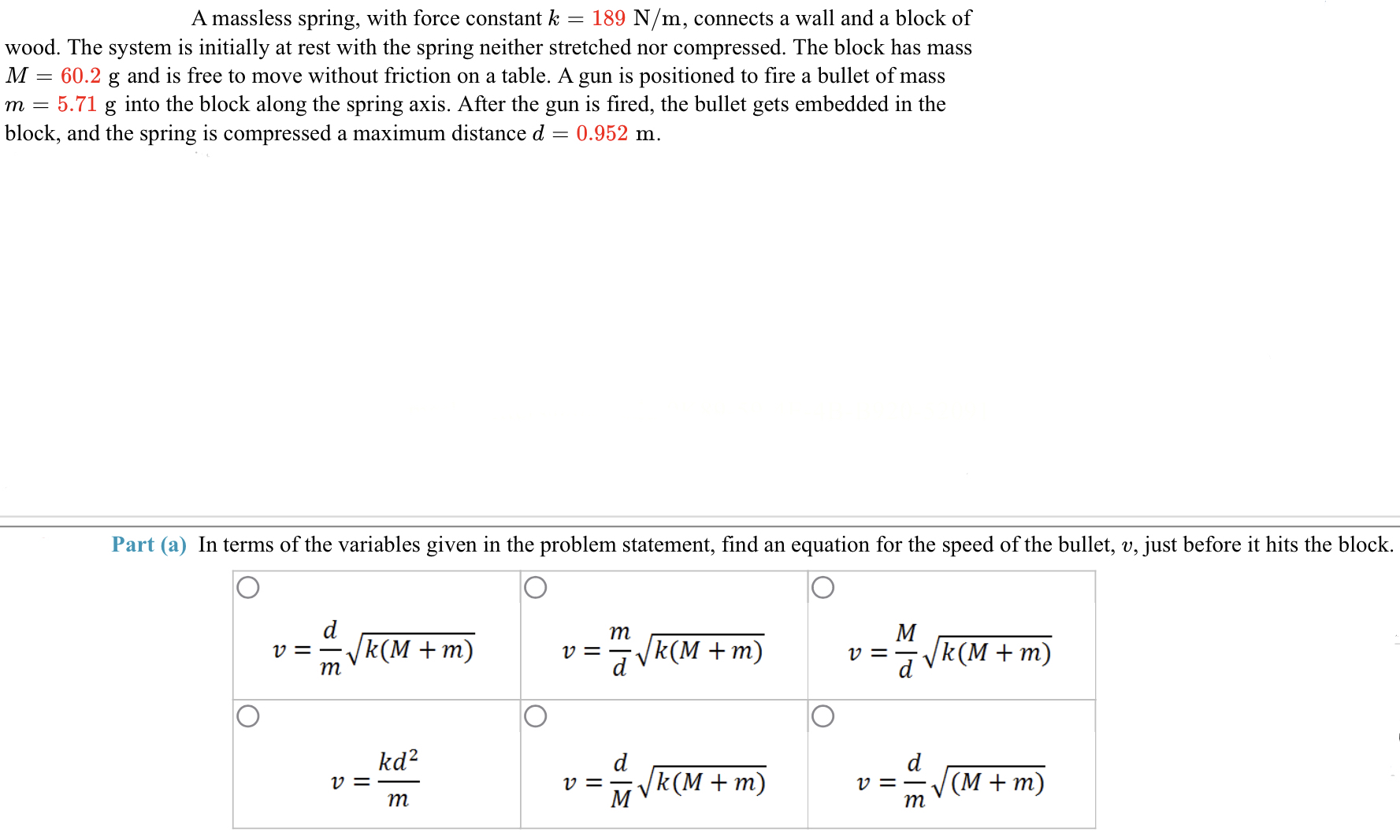 Solved A massless spring, with force constant k=189Nm, | Chegg.com