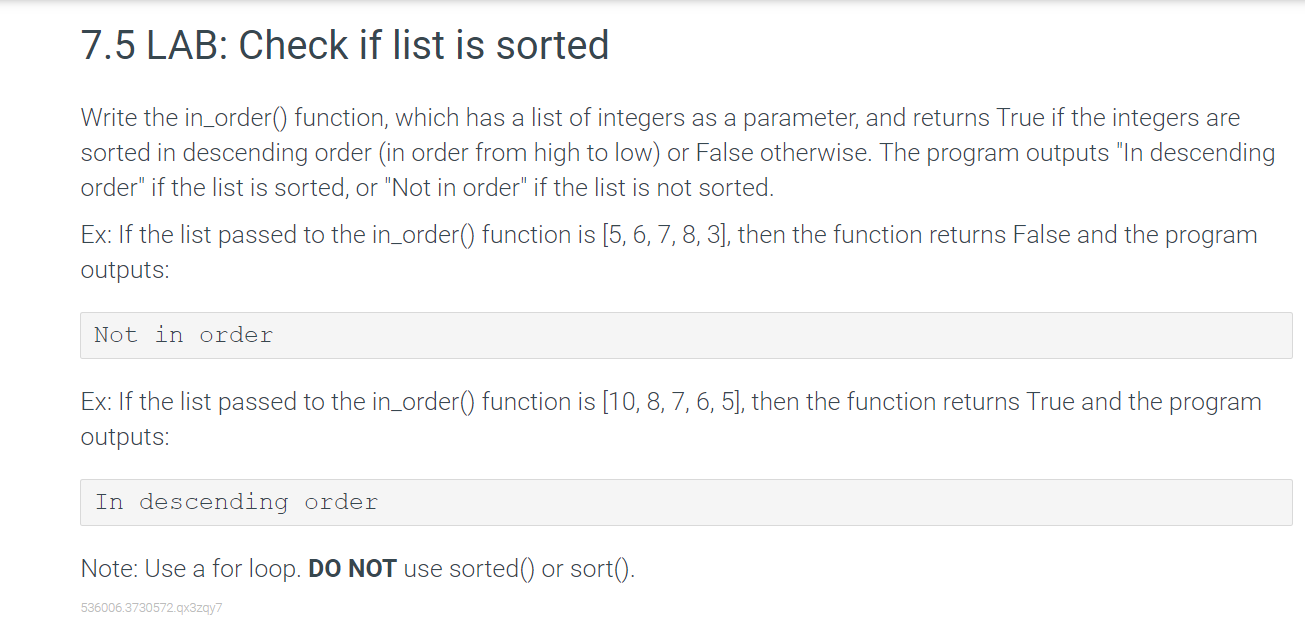 Solved 7.5 ﻿LAB: Check if list is sortedWrite the in_order() | Chegg.com