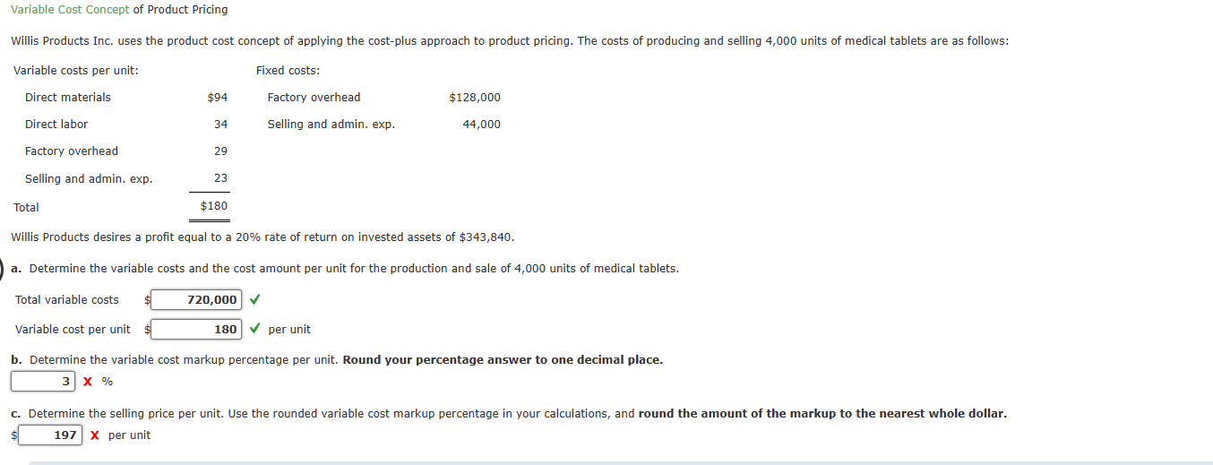 Solved Variable Cost Concept of Product Pricing Willis | Chegg.com