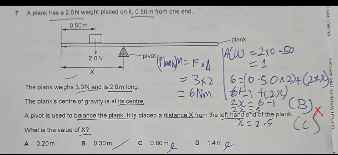Solved 7 A plank has a 2.0 N weight placed on it, 0.50 m | Chegg.com