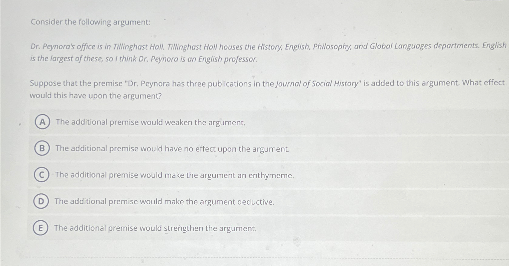 Solved Consider the following argument:Dr. ﻿Peynora's office | Chegg.com