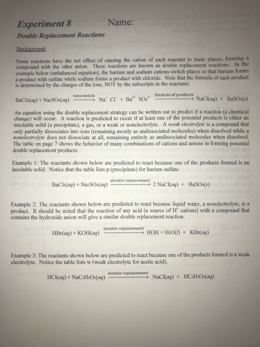 Solved Experiment 8 Name: Double Replacement Reactions | Chegg.com