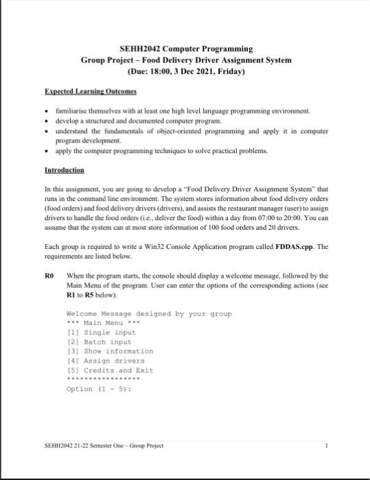 Solved SEHH2042 Computer Programming Group Project - Food | Chegg.com