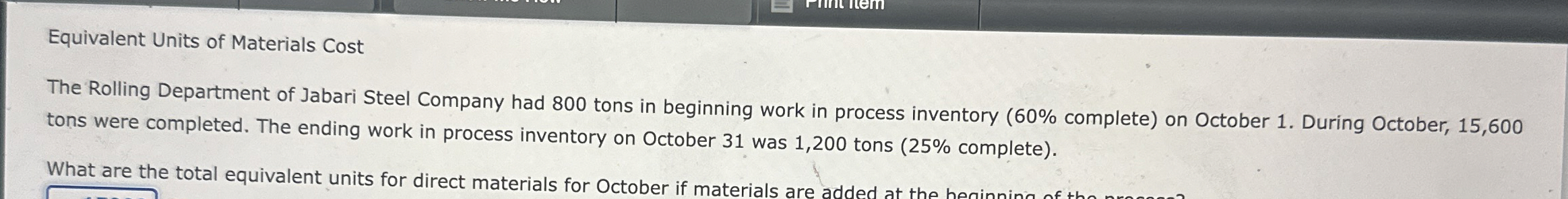 Solved Equivalent Units of Materials CostThe Rolling | Chegg.com