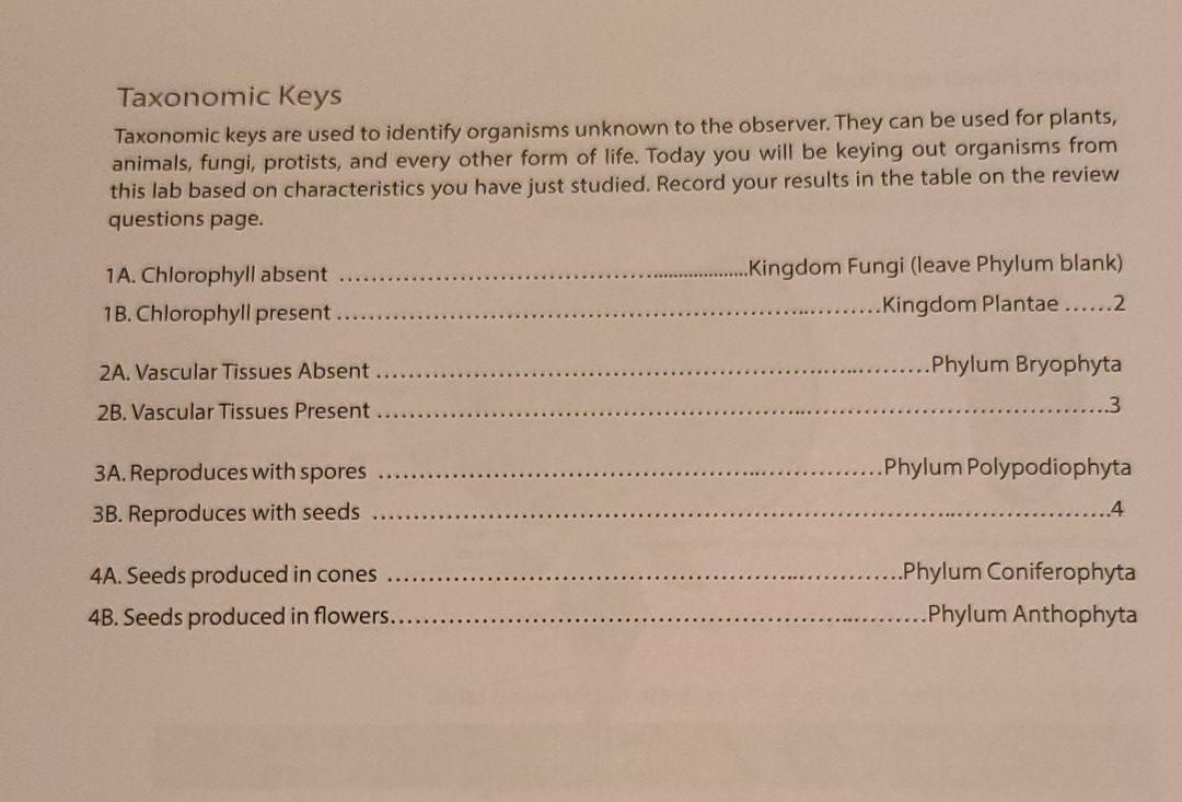 Solved Taxonomic Keys Taxonomic keys are used to identify | Chegg.com