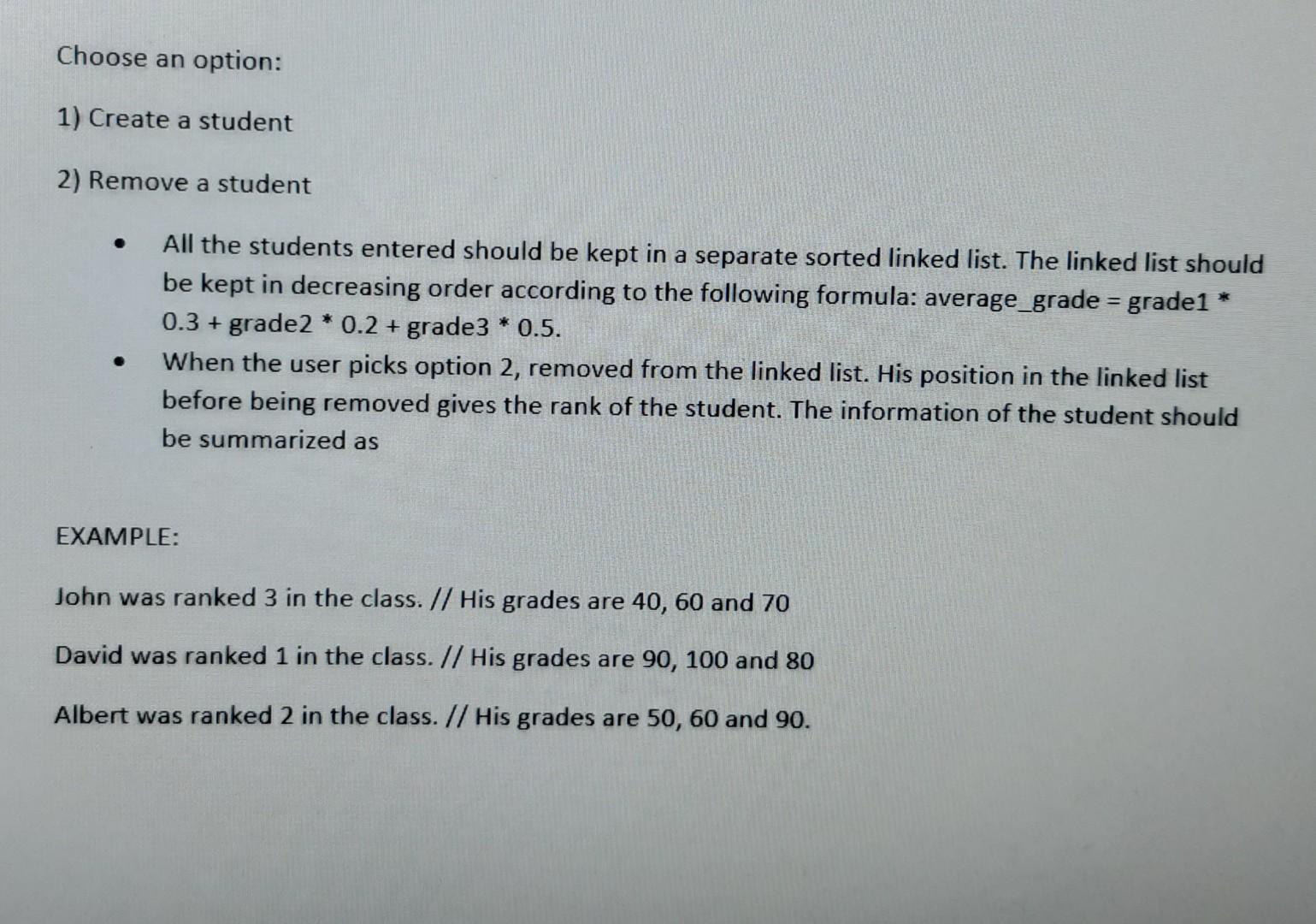 Solved 1) Create a student 2) Remove a student - All the | Chegg.com