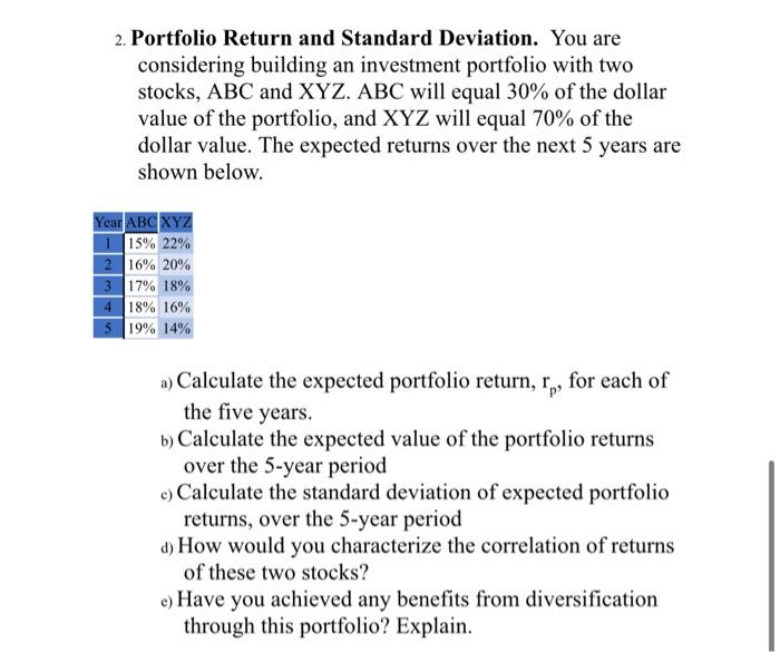 Solved 2. Portfolio Return and Standard Deviation. You are | Chegg.com