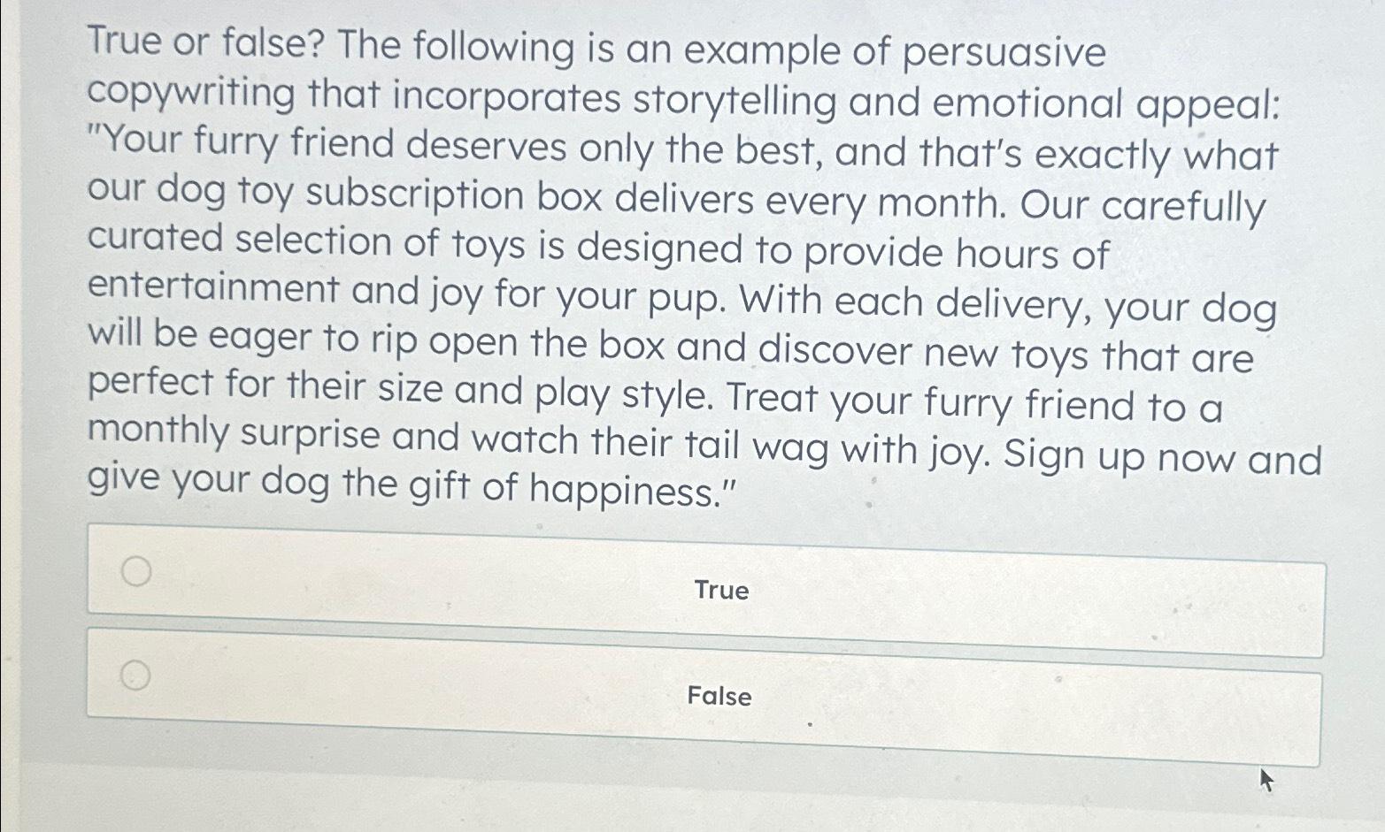 Solved True or false? The following is an example of | Chegg.com