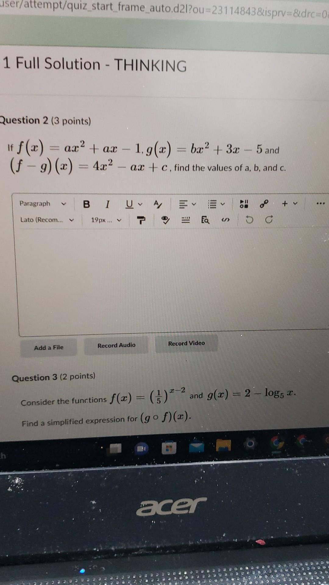 Solved Question 2 (3 points) If f(x)=ax2+ax−1,g(x)=bx2+3x−5 | Chegg.com