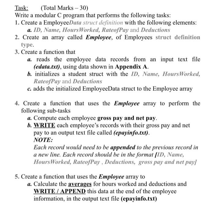 Task: (Total Marks - 30) Write a modular C program | Chegg.com