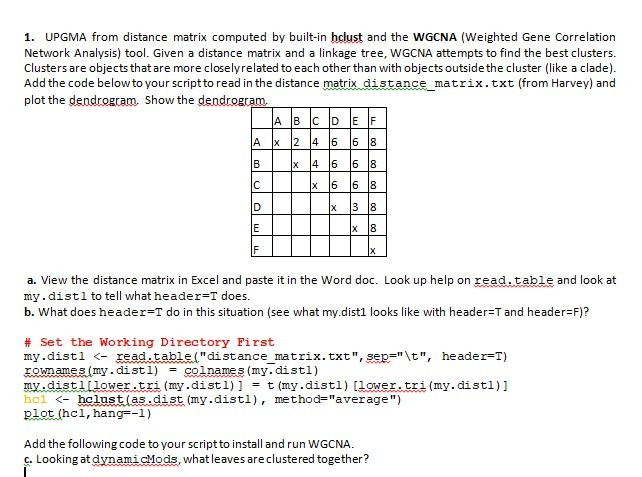 1. UPGMA from distance matrix computed by built-in | Chegg.com